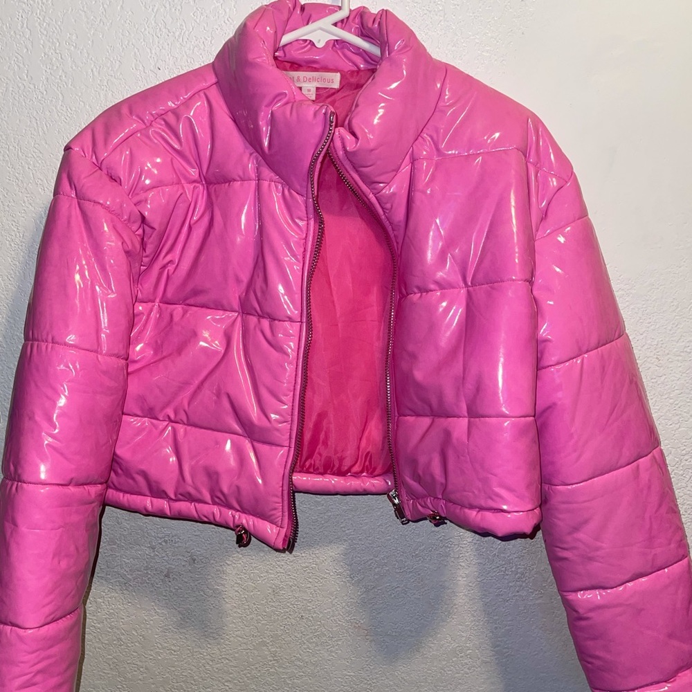 Pink Latex Leather Crop Puffer Jacket - Gem